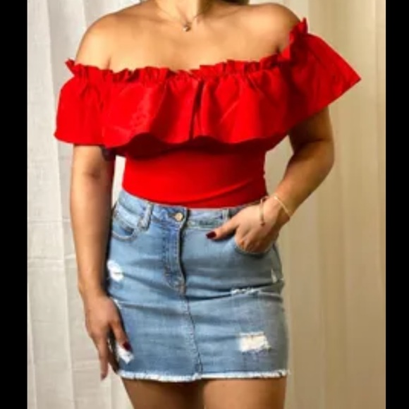 TCEC | Tops | Tcec Red Off Shoulder Ruffle Bodysuit New | Poshmark